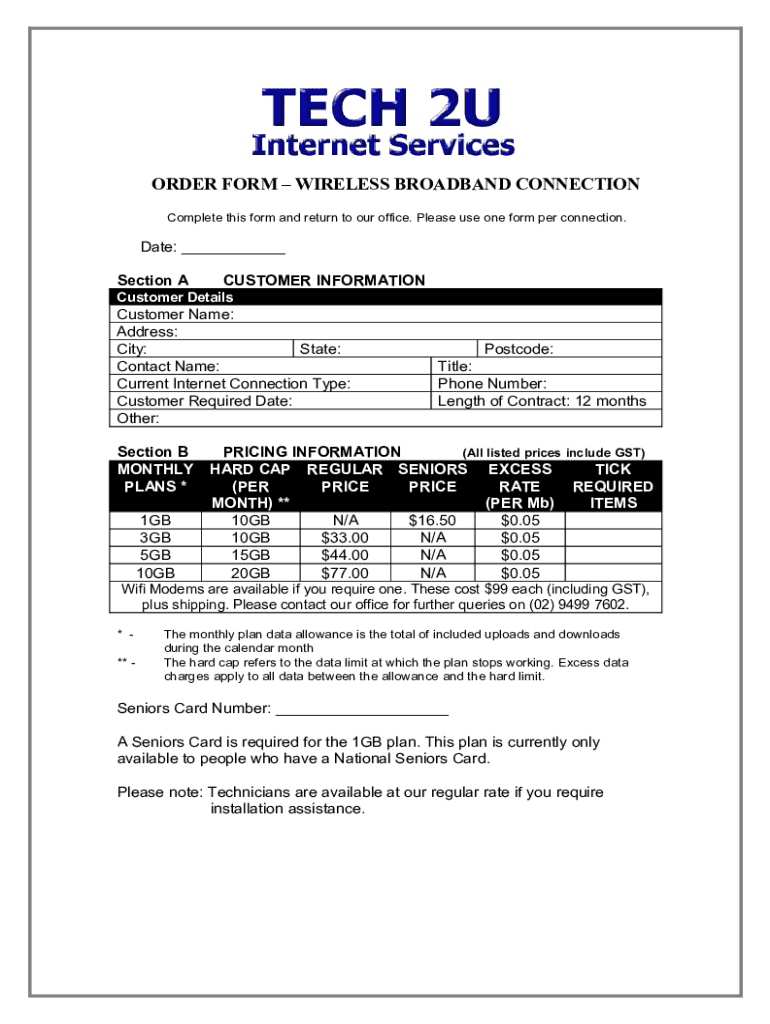Fillable Online ORDER FORMWIRELESS BROADBAND CONNECTION Fax Email Print - pdfFiller