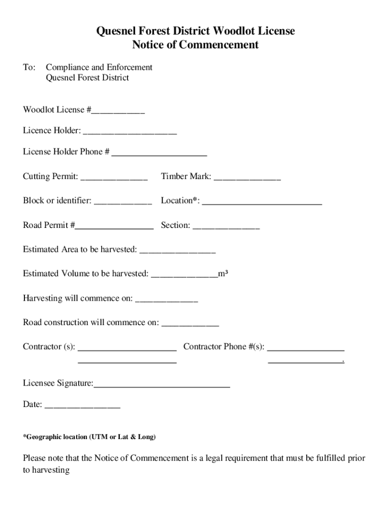 Fillable Online Quesnel Forest District Woodlot License Notice of ...
