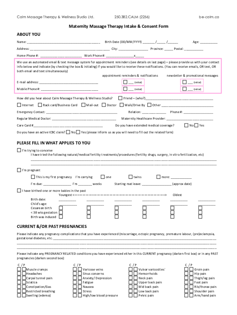 Fillable Online CALM Maternity Massage Therapy Intake Form for Website ...