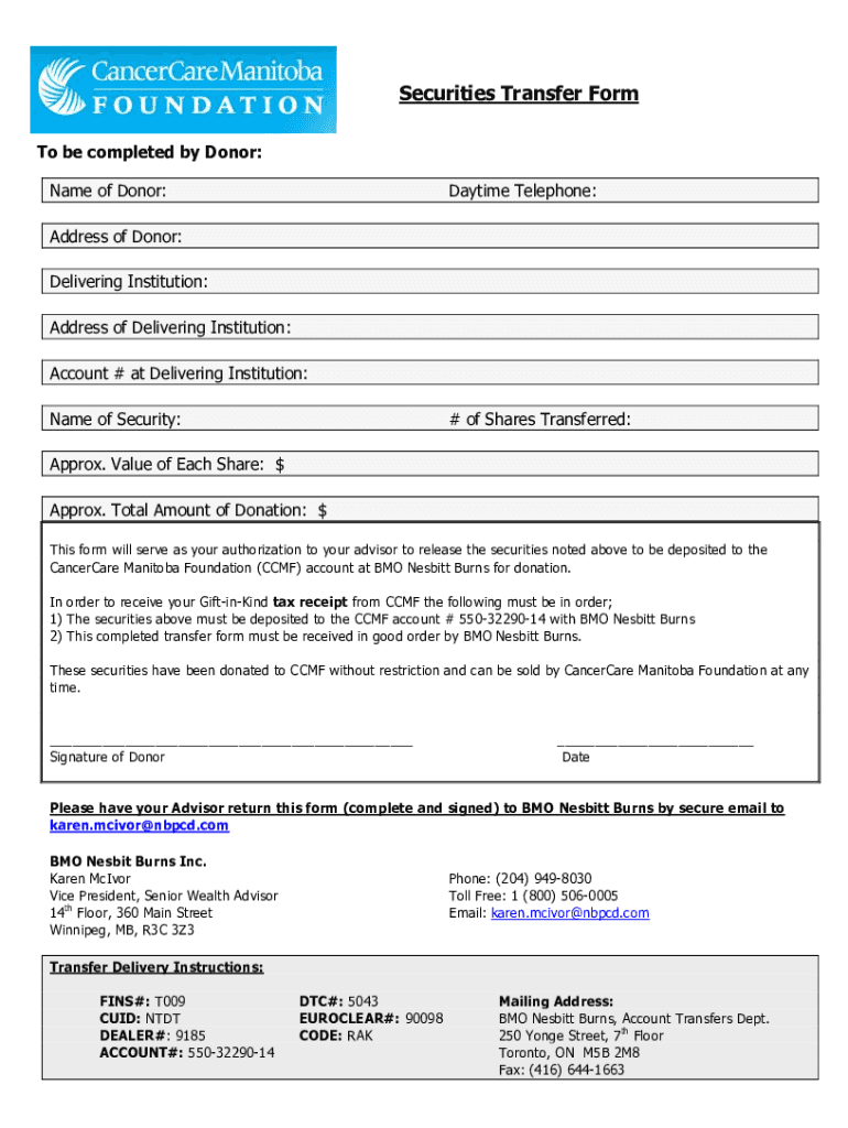 Fillable Online Securities Transfer Form To be completed by the Donor ...
