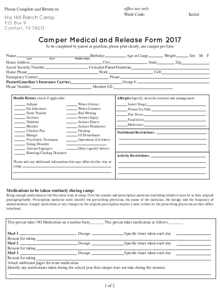 Fillable Online His Hill Ranch Camp Fax Email Print - pdfFiller