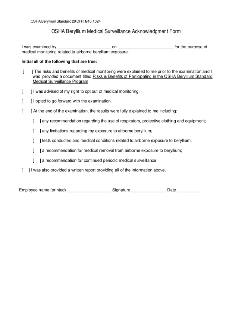 Fillable Online OSHA Beryllium Medical Surveillance Acknowledgment Form ...