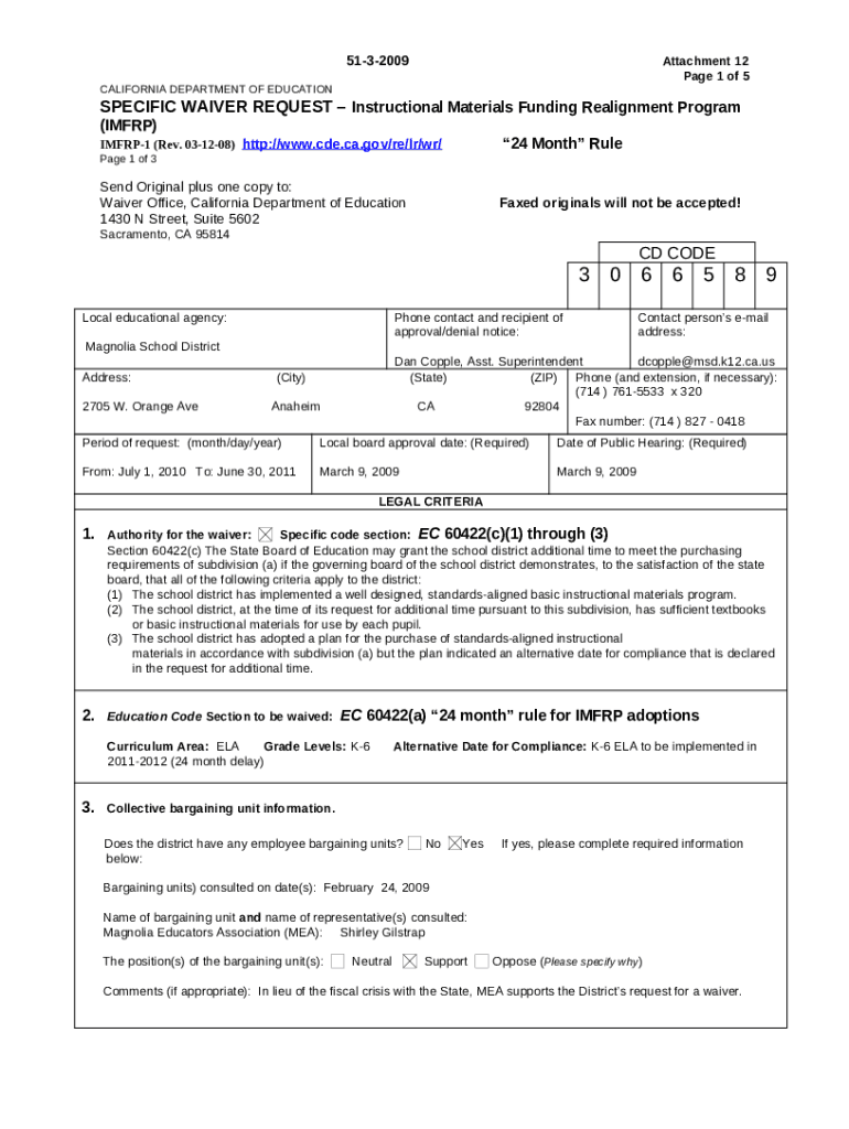 SPECIFIC WAIVER REQUEST - Instructional Materials Funding Realignment Program (IMFRP) Doc ...