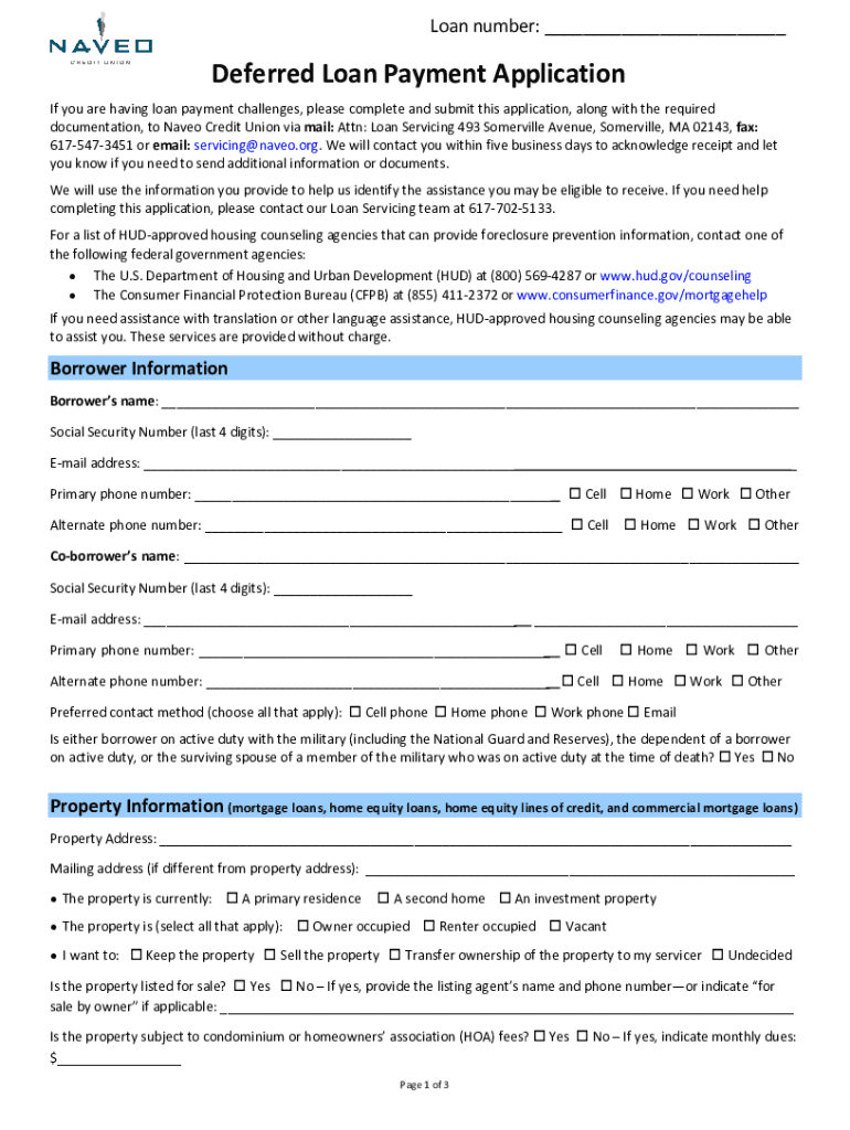 Fillable Online Deferred Loan Payment Application - naveo.org Fax Email ...