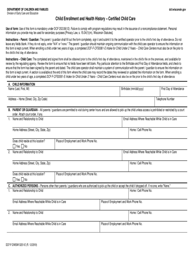 Fillable Online Child Enrollment and Health History - Certified Child ...