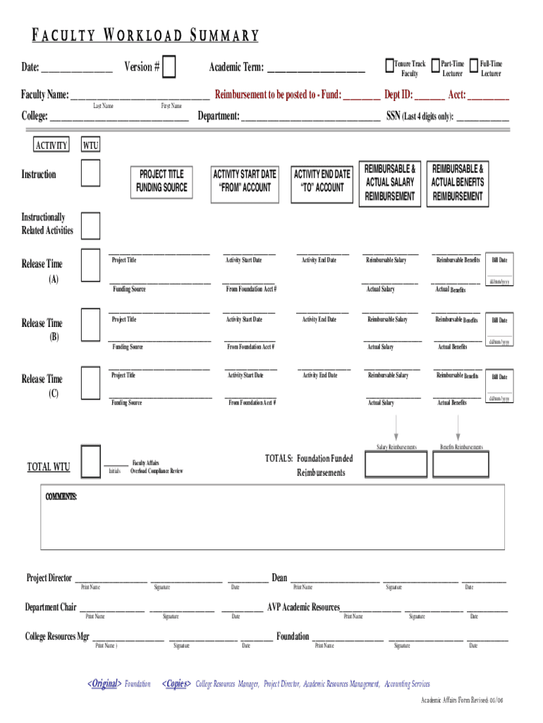 Fillable Online Faculty Workload Summary Form - Revised August 2006.doc Fax Email Print - pdfFiller