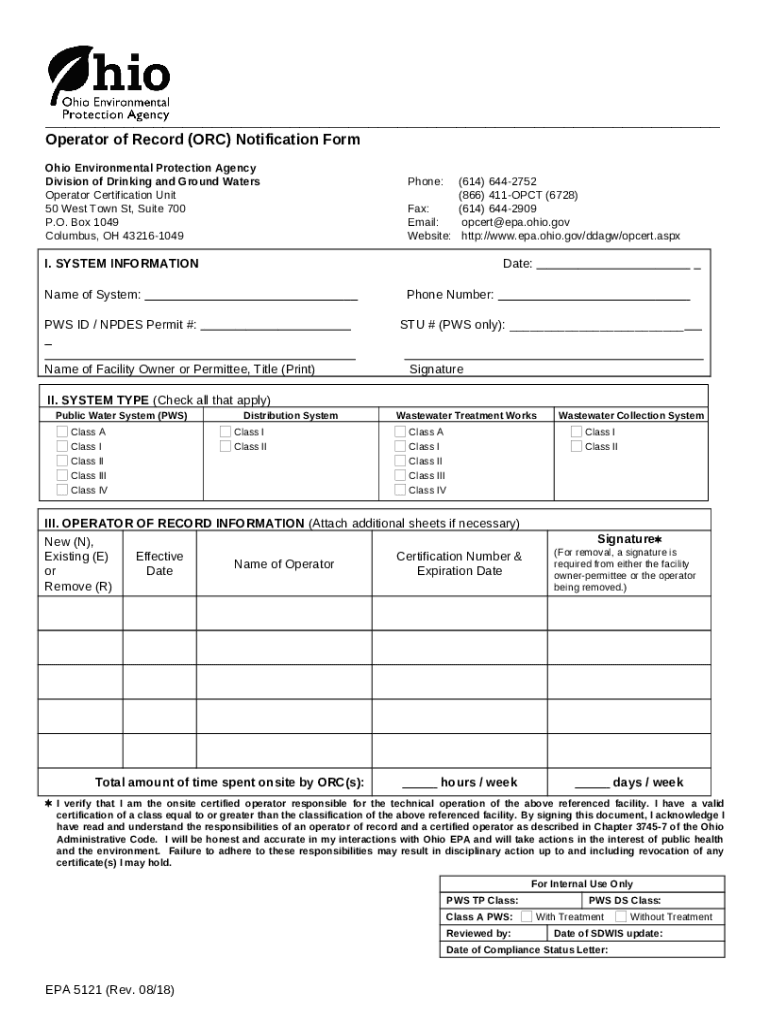 Operator Of Record Notification - Fill Online ... - epa ohio Doc Template | pdfFiller