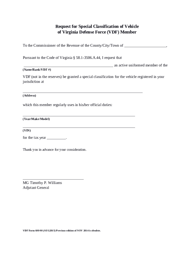 Request for Special Classification of Vehicle of Virginia ... - vdf ...