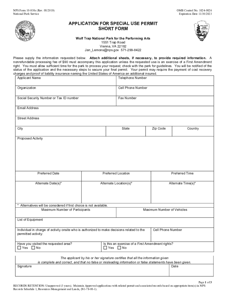 Fillable Online NPS Application for Special Use Permit Short Form 10-29. NPS Application for ...