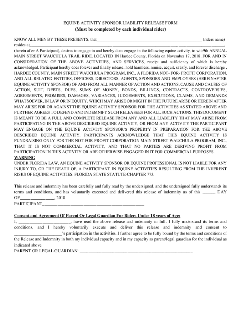 Fillable Online EQUINE ACTIVITY SPONSOR LIABILITY RELEASE FORM Fax ...
