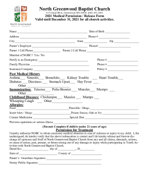 Fillable Online Medical Release Form - North Greenwood Baptist Church ...