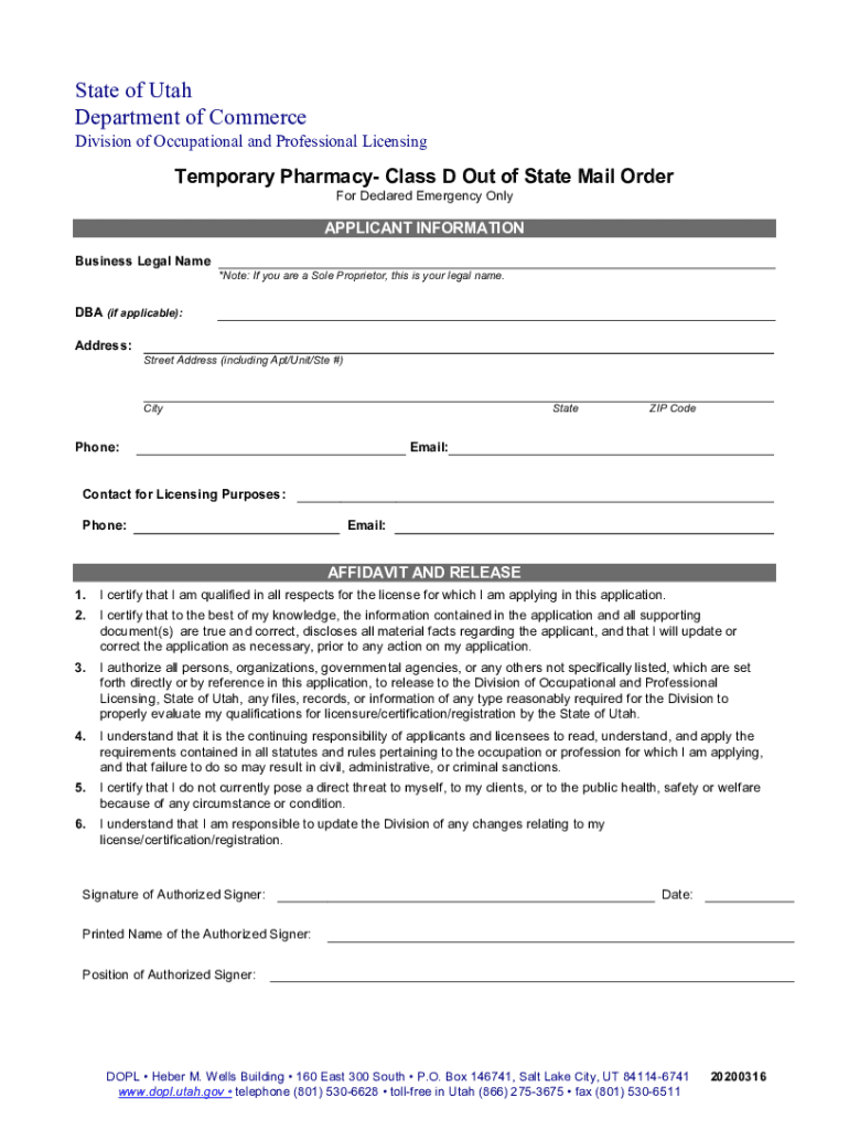 Fillable Online dopl utah Temporary Emergency Pharmacy Class D ...