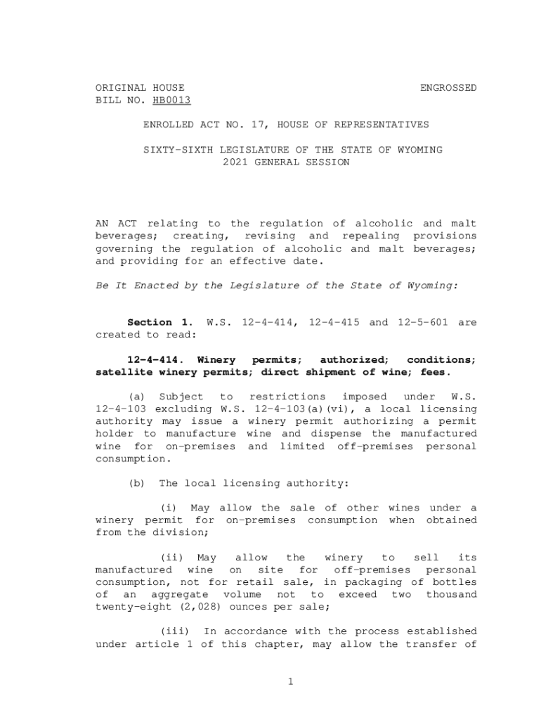 Fillable Online PDF ORIGINAL HOUSE ENGROSSED BILL NO. HB0013 ENROLLED ...