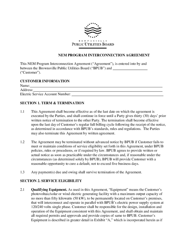 Fillable Online NEM PROGRAM INTERCONNECTION AGREEMENT CUSTOMER ...