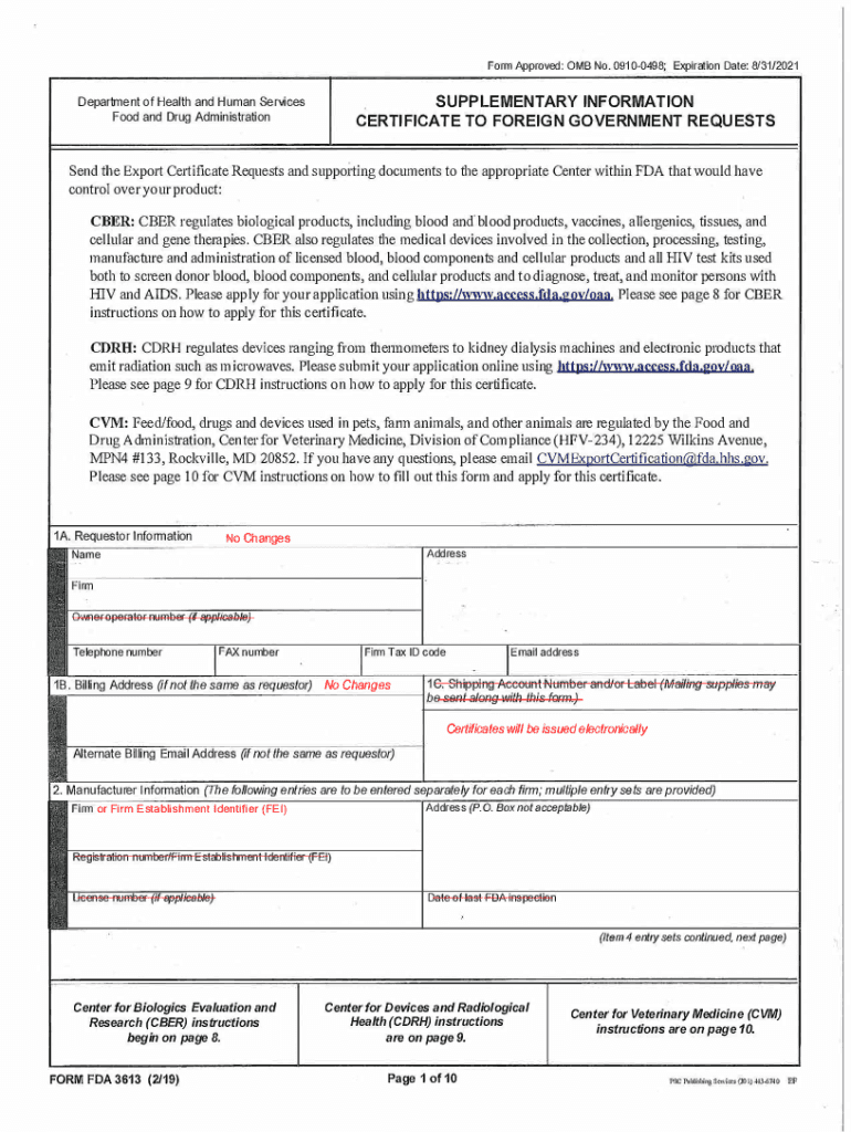 Fillable Online Form FDA 3613 FDA 3613 SUPPLEMENTARY INFORMATION ...