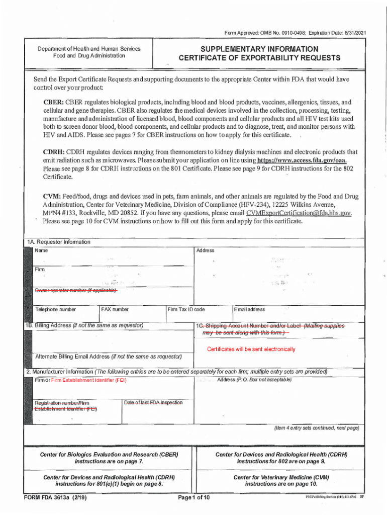 Fillable Online FDA 3613a SUPPLEMENTARY INFORMATION CERTIFICATE OF ...