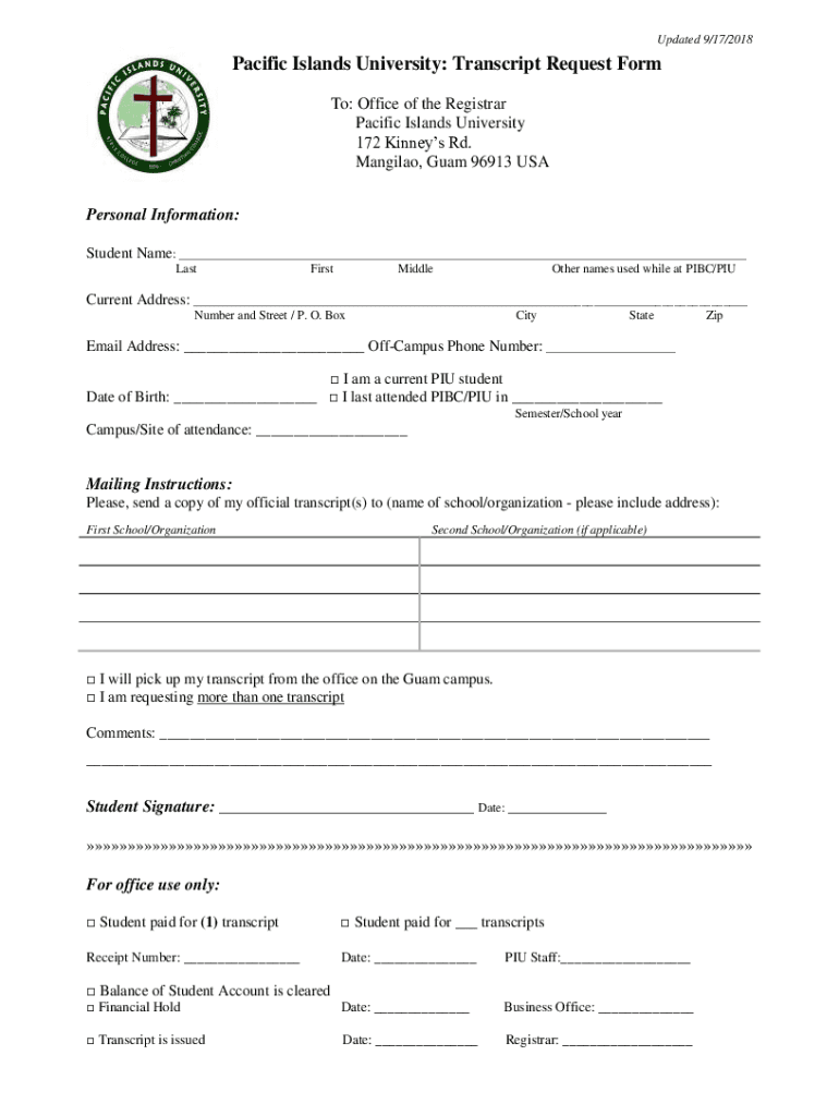 Fillable Online Transcript Request Form - Pacific Islands University ...