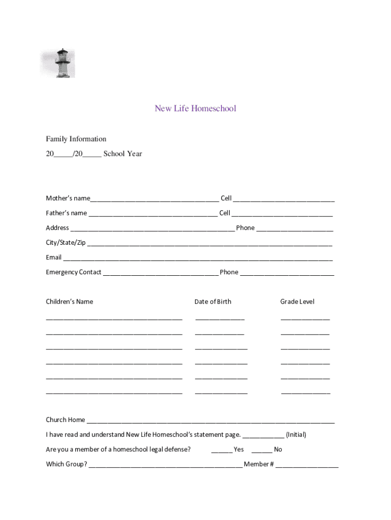 Fillable Online Family Information Sheet - New Life Homeschool Fax ...