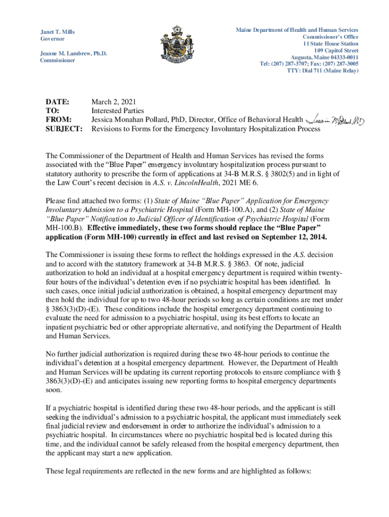 Fillable Online Revisions to Forms for the Emergency Involuntary ...