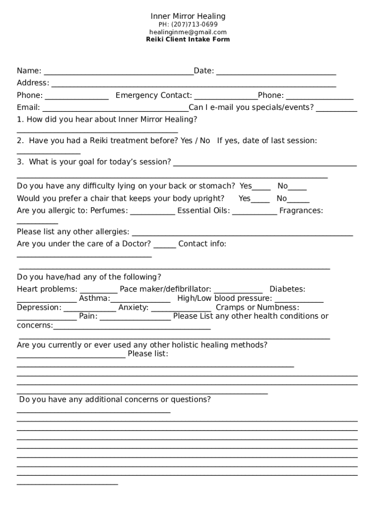 Client Intake for Reiki Treatment Doc Template | pdfFiller