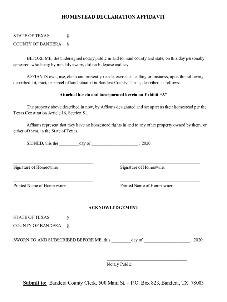 Fillable Online PDF Homestead Declaration Affidavit Form - Bandera CAD ...