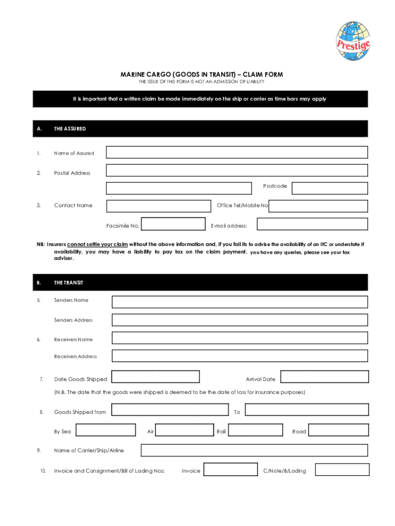 Fillable Online PDF Marine cargo/goods in transit claim form Fax Email ...