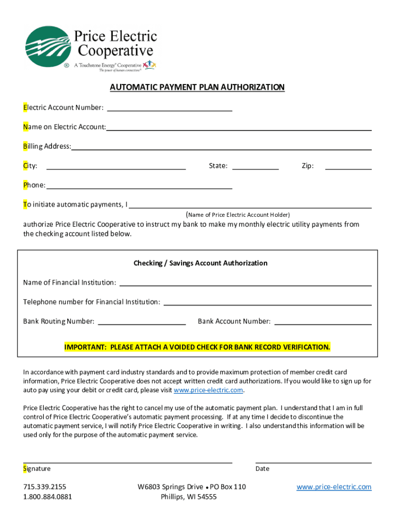 Fillable Online AUTOMATIC PAYMENT PLAN AUTHORIZATION - Price Electric Cooperative Fax Email ...