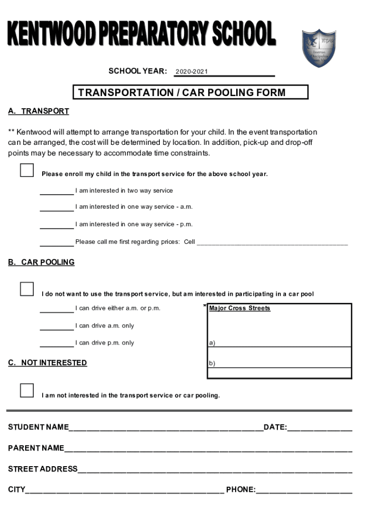 Fillable Online PDF TRANSPORTATION / CAR POOLING FORM - Kentwood ...
