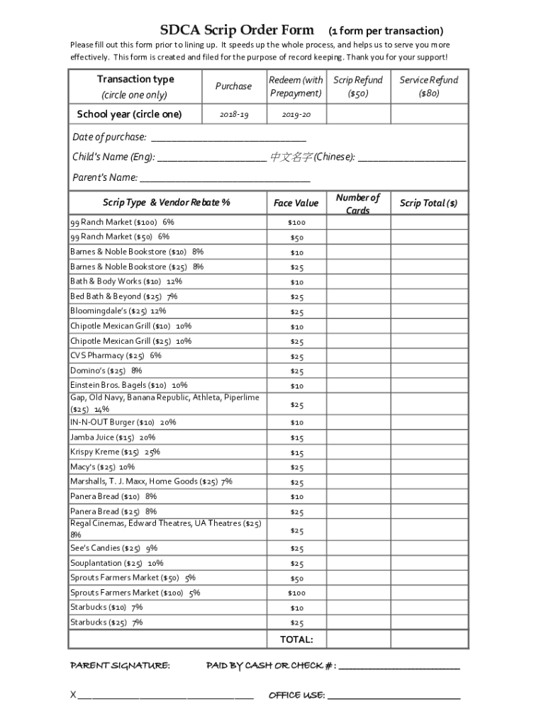 Fillable Online 2018-2019 Scrip Order form.xlsx Fax Email Print - pdfFiller