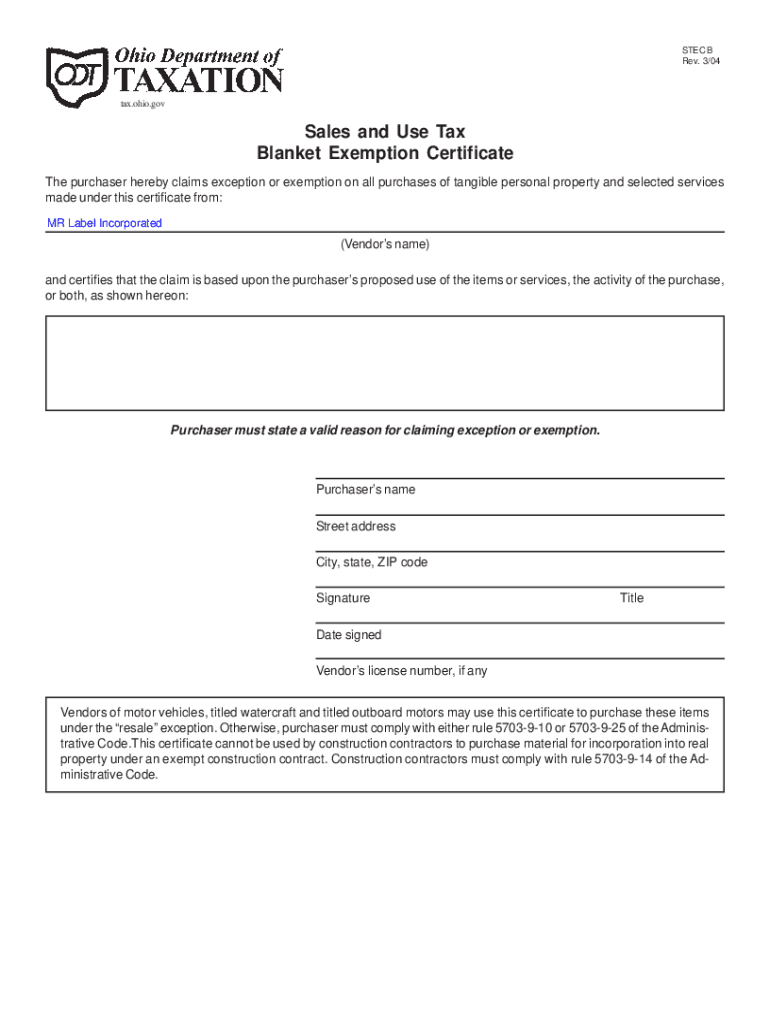 Fillable Online Ohio Sales and Use Tax Blanket Exemption Certificate ...