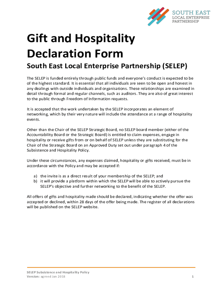 Fillable Online PDF Gift and Hospitality Declaration Form - The South ...