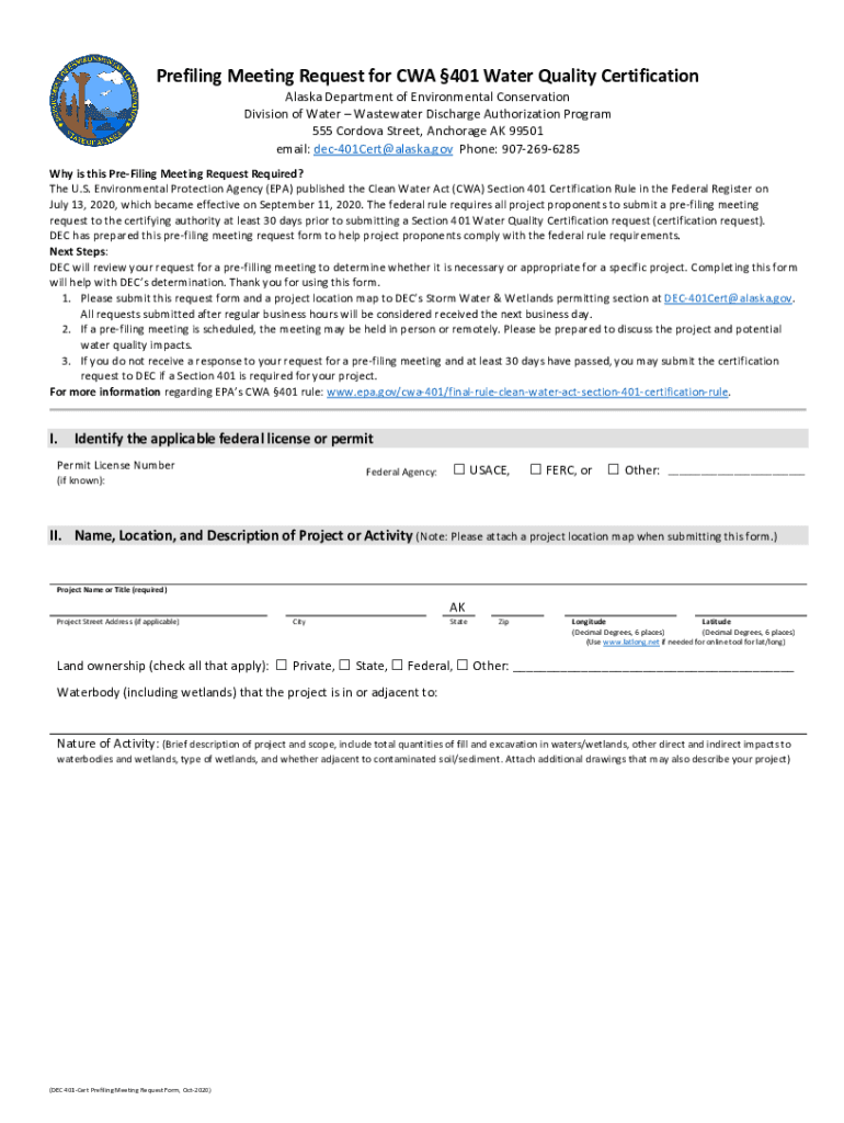 Fillable Online dec alaska Request for CWA 401 Water Quality ...