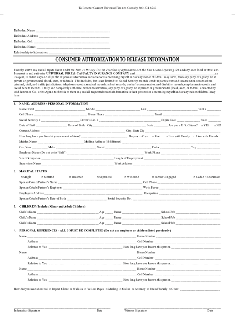Fillable Online Universal FL-01 Consumer Authorization to Release Info ...