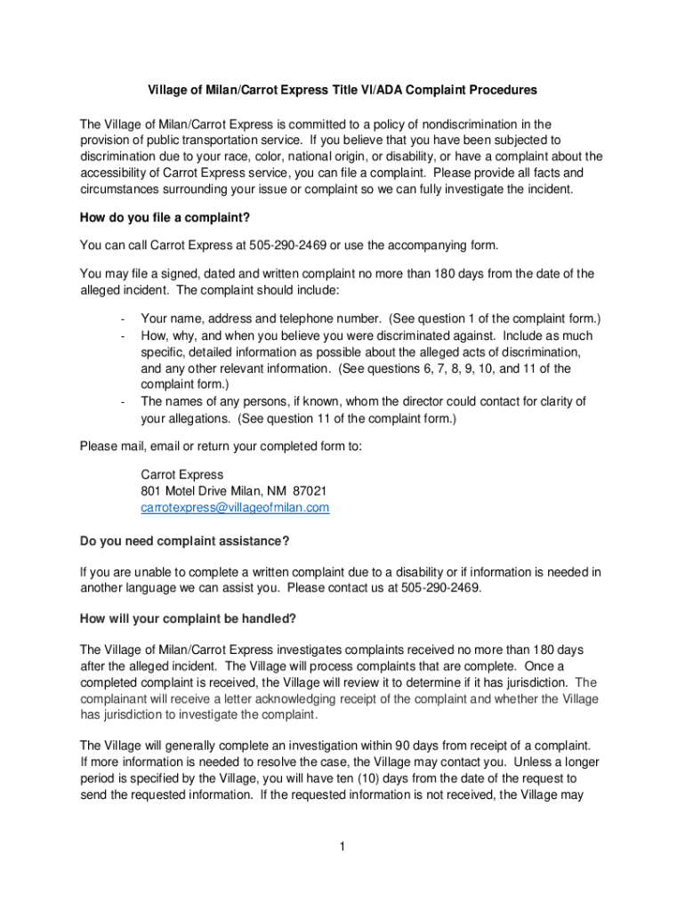 Fillable Online TITLE VI/ADA COMPLAINT PROCEDURES AND FORMS Fax Email Print - pdfFiller