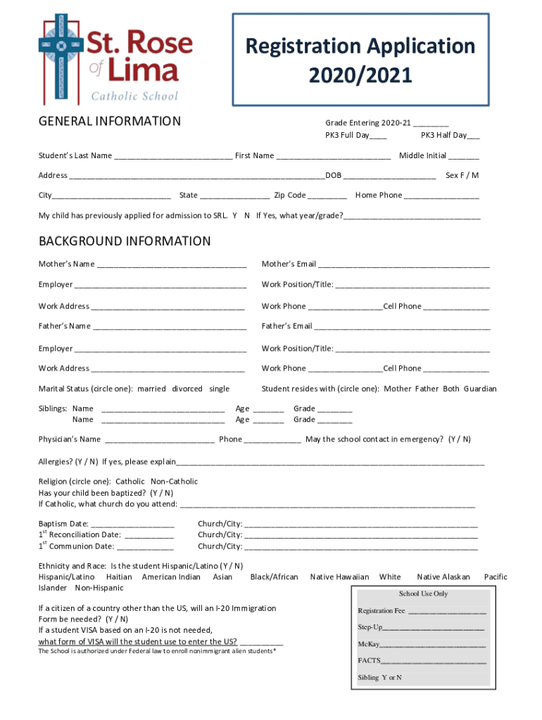 Fillable Online Registration Application 2020/2021 - St. Rose of Lima ...