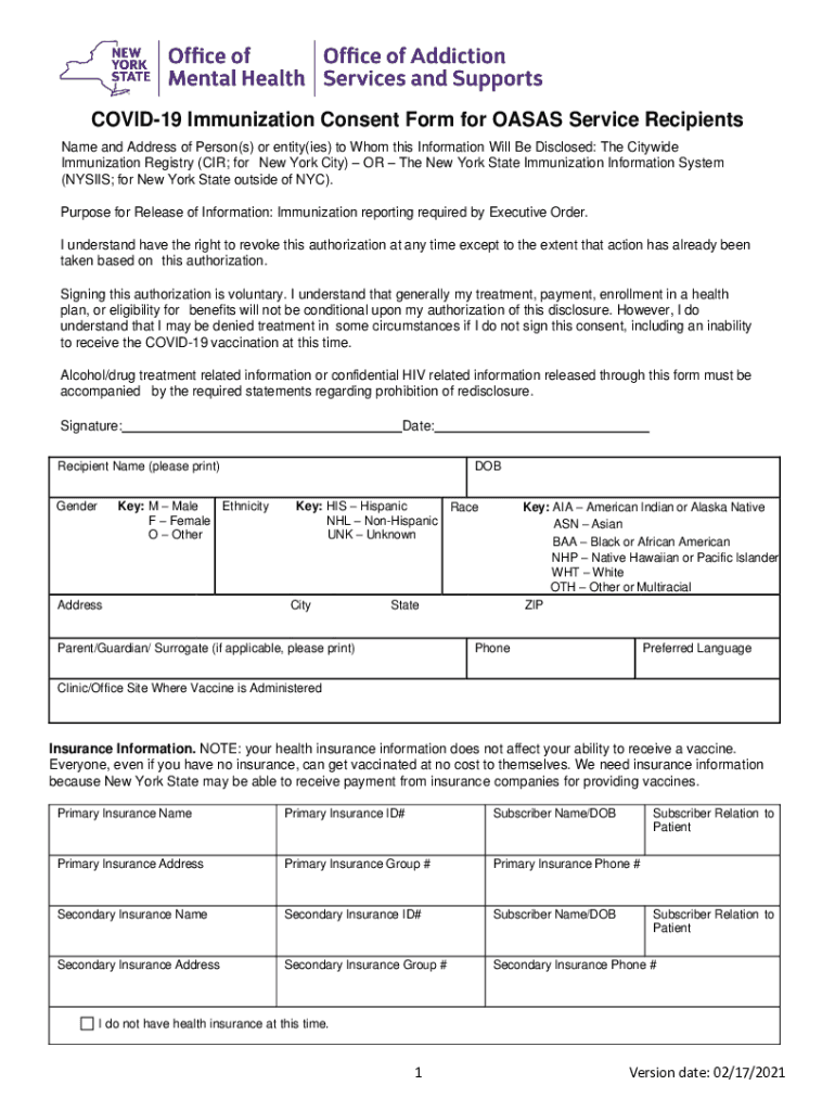Fillable Online omh ny COVID-19 Immunization Consent Form for OASAS ...