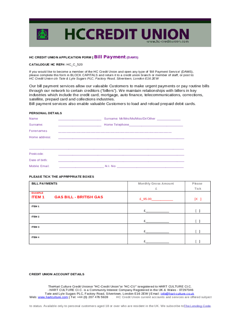 HC CREDIT UNION APPLICATION Bill Payment (DAMS) Doc Template | pdfFiller