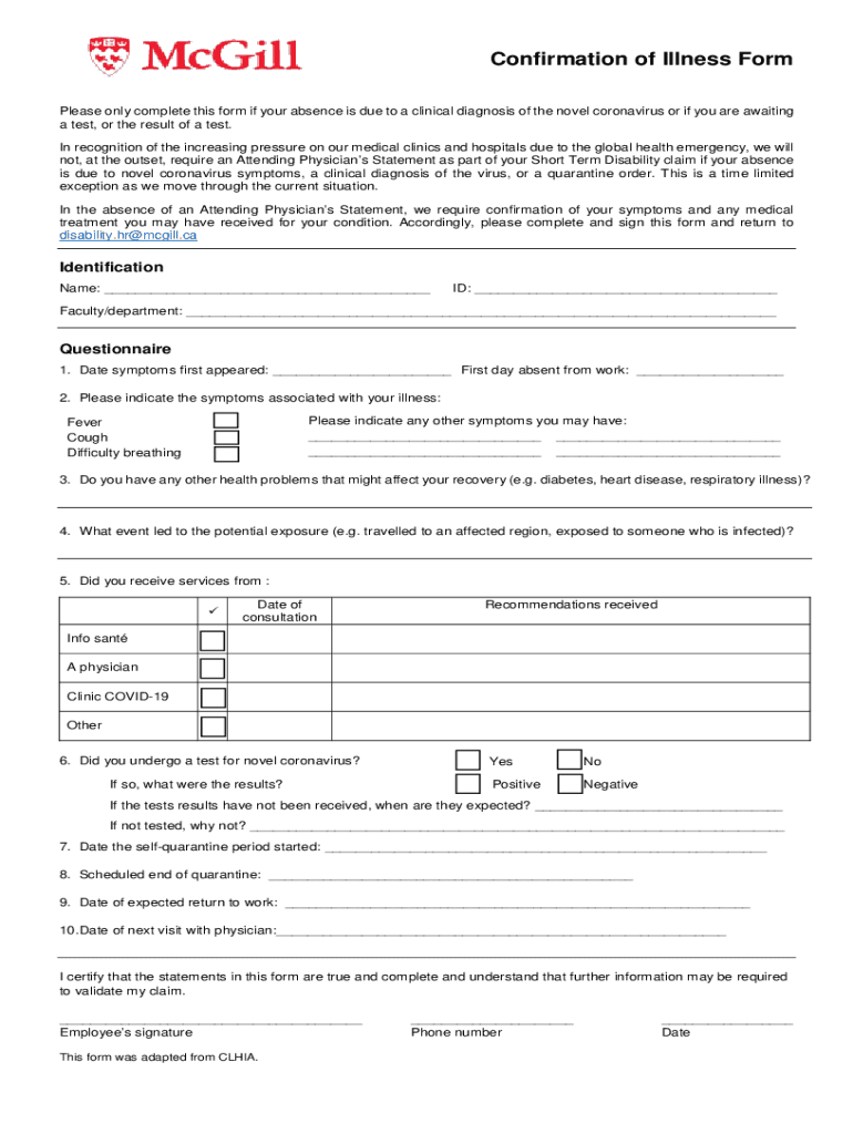 Fillable Online Confirmation of Illness Form Fax Email Print - pdfFiller