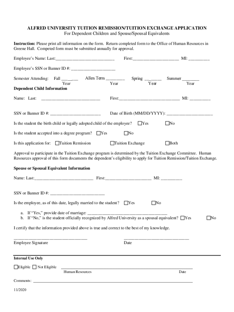 Fillable Online my alfred Tuition Remission Application For Full ...