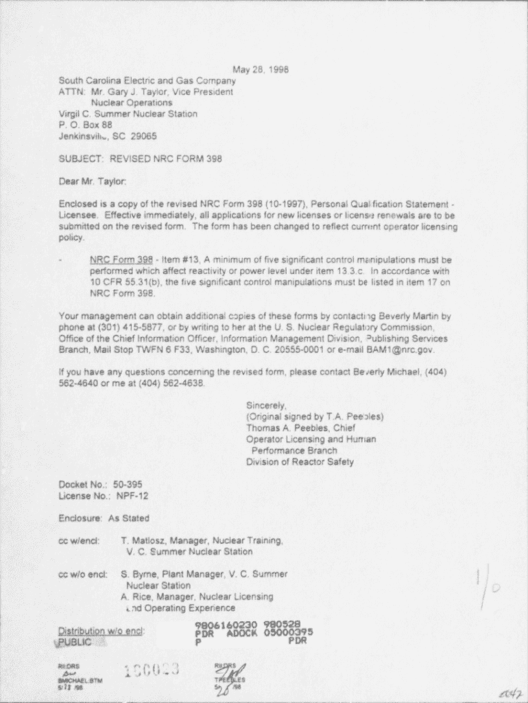 Fillable Online Forwards revised NRC Form 398(10-1997),personal ...