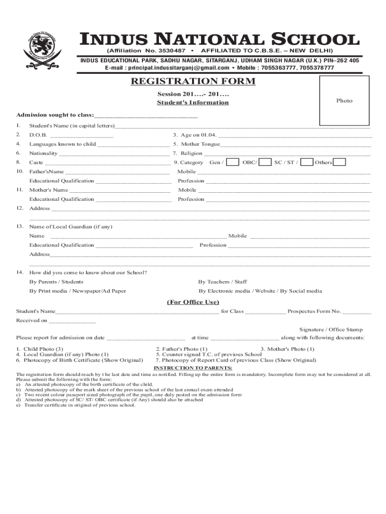 Fillable Online Download Registration Form - Indus National School Fax ...