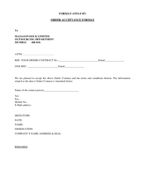 Fillable Online FORMAT (OTS-F-07) ORDER ACCEPTANCE FORMAT Fax Email ...
