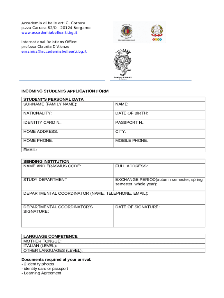 APPLICATION FOR INCOMING ERASMUS+ STUDENTS Doc Template | pdfFiller
