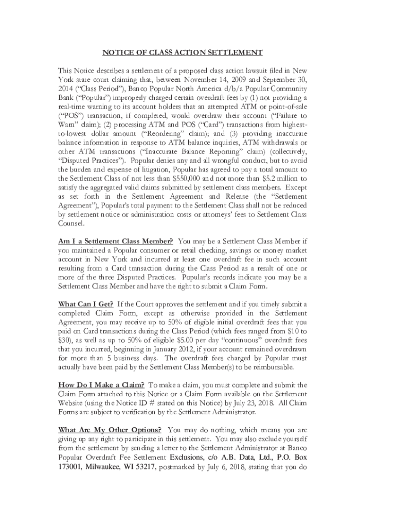 Fillable Online Notice of Class Action Lawsuit and Proposed ...