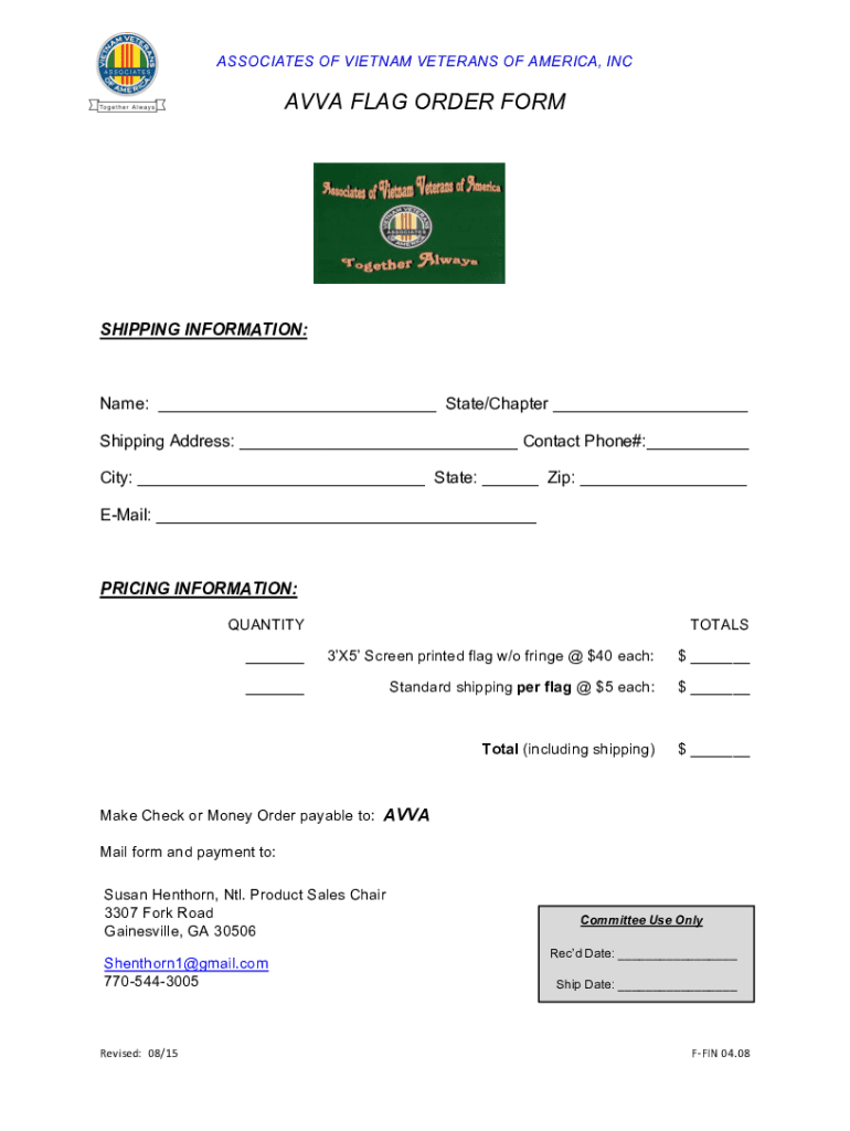 Fillable Online AVVA FLAG ORDER FORM Fax Email Print - pdfFiller