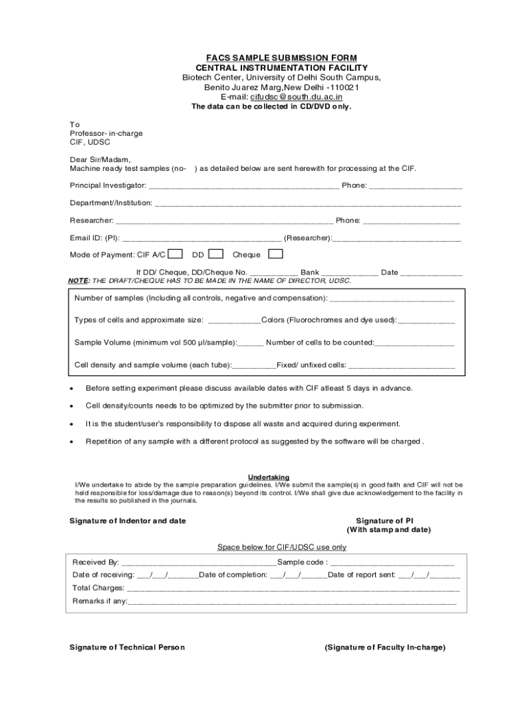 Fillable Online FACS SAMPLE SUBMISSION FORM CENTRAL INSTRUMENTATION ...
