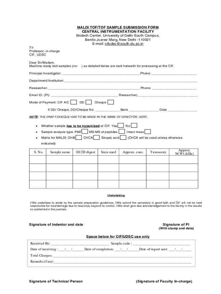 Fillable Online MALDI TOF/TOF SAMPLE SUBMISSION FORM ... - CIF South ...
