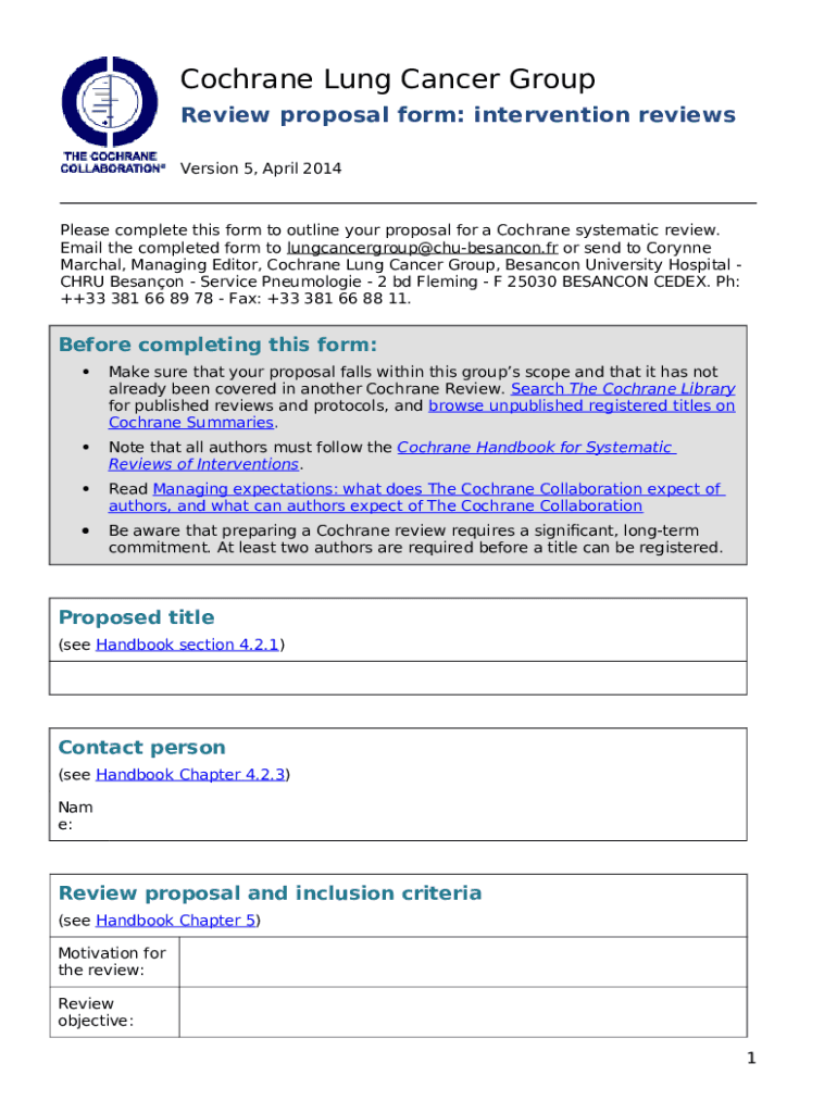 CCG Review Proposal - Cochrane Childhood Cancer Doc Template | pdfFiller