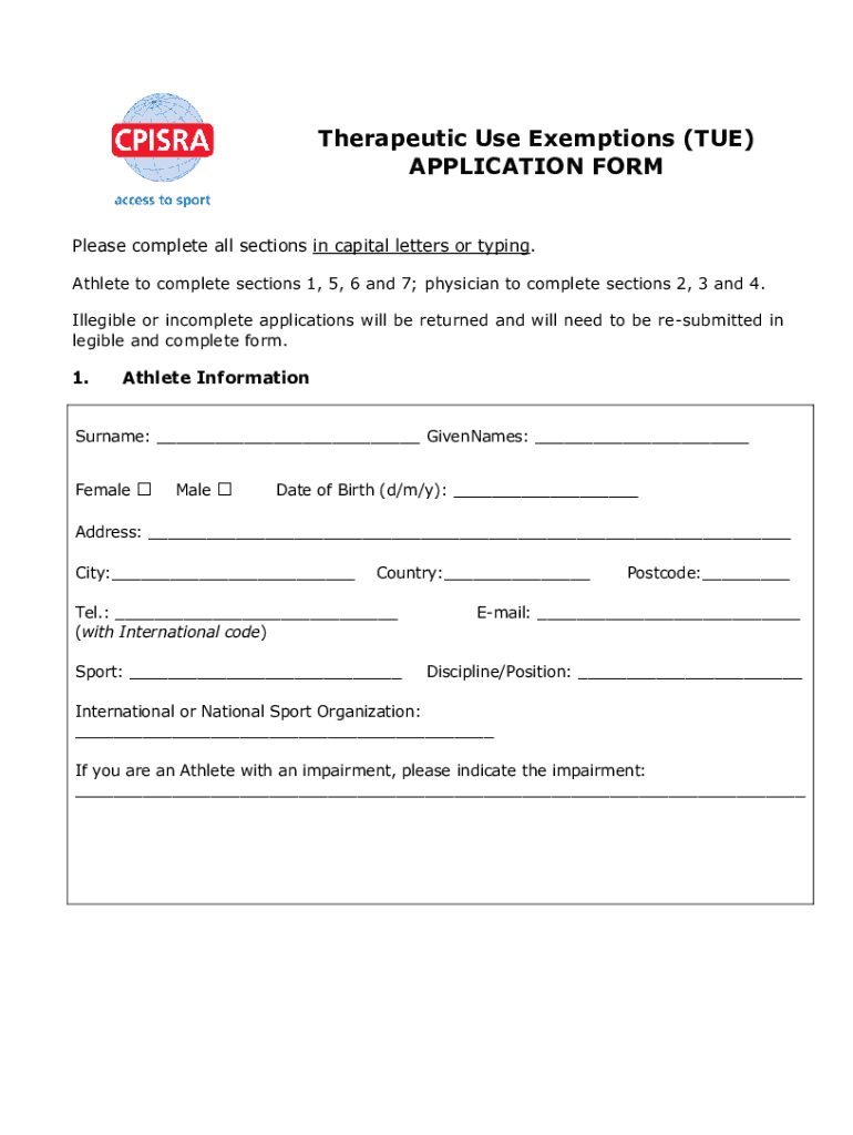 Fillable Online Therapeutic Use Exemptions (TUE) - fina.org Fax Email ...