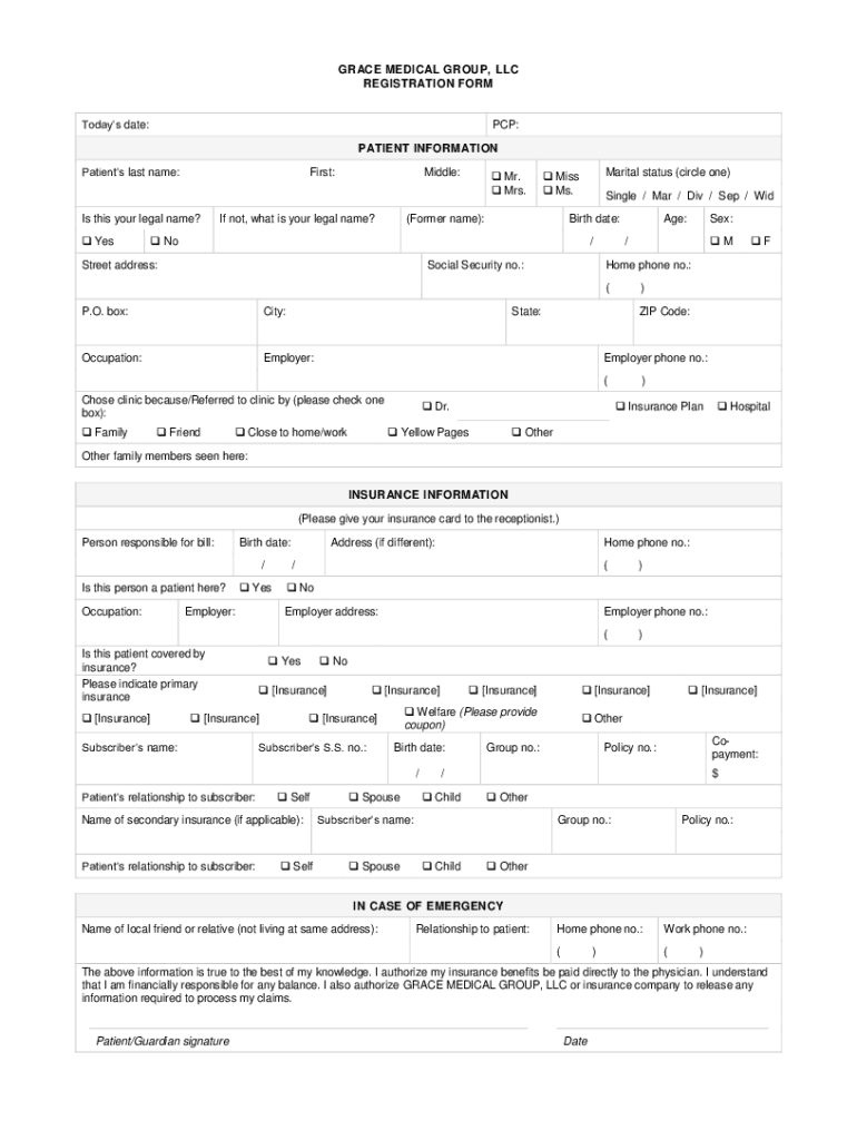 Fillable Online Medical office registration form. GRACE MEDICAL GROUP ...